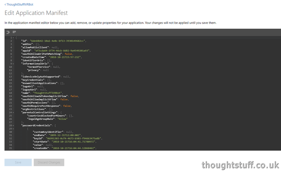 Scroll down until you find the replyUrls entry. Add to this any URL (I’m going to use localhost ...